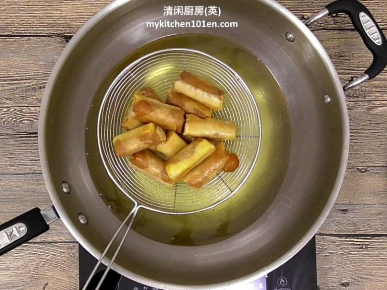 Taro Sweet Potato Nian Gao Spring Rolls - MyKitchen101en.com